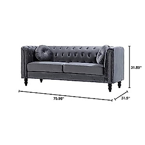 US Pride Furniture Modern Style High Density Foam Cool Grey Velvet Rolled Arm Chesterfield Living Room Removable Cushion & Solid Wood Legs (S5608-5613) Sofas