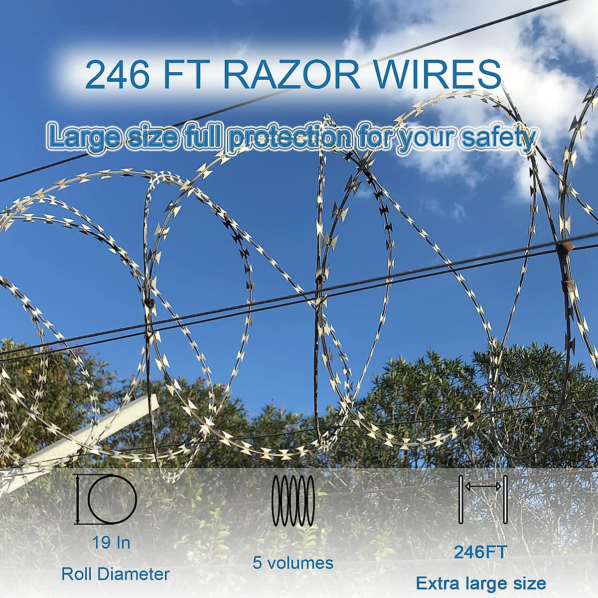 BUYYAH Razor Wire, 246 ft Razor Barbed Wire 5 Coils, 49 ft Per Roll Razor Ribbon Concertina Wire, Galvanized Steel Razor Wire Fencing Razor Fence
