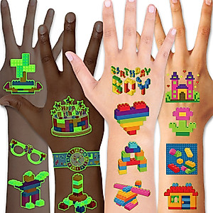 Qpout 95 PCS Glow In The Dark Building Block Temporary Tattoos for Kids 8 Sheets Building Bricks Luminous Tattoos Stickers for Boys Girls Building Block Birthday Party Favors Supplies