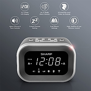 Sharp Big Bang Super Loud Alarm Clock for Heavy Sleepers, 6 Extremely Loud Wake Up Sounds: Rooster, Bugle, Nagging Mom, Jackhammer, Siren, Beep– Up to 115db Volume, Silver/Black with White LED Display
