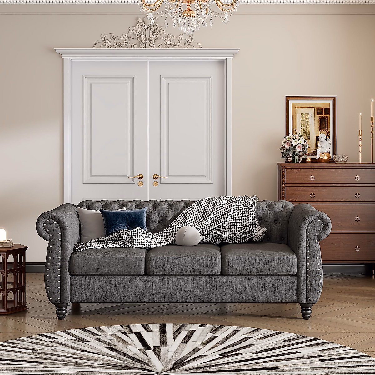 SZUBEE Living Room, 82" Modern Dutch Plush Sofa with Solid Wood Legs,Buttoned Tufted Backrest,Upholstered 3-Seater Couch for Apartment and Louge Area,Gray