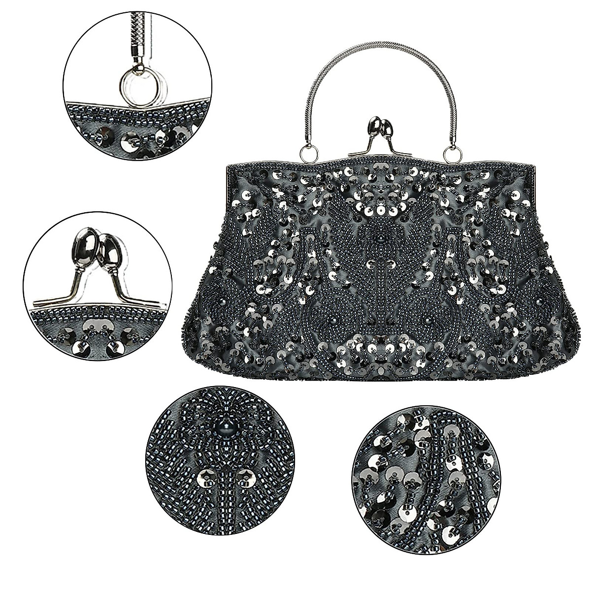 jessie Women's Evening Bag Party Wedding Bag Vintage Beaded Clutch Bag for Women Cocktail Party Handbags (Gray mechanical plate)