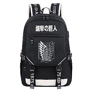 WANHONGYUE Attack on Titan Anime Luminous Laptop Backpack Rucksack Travel Sports Casual Daypack with USB Charging Port Black / 14