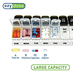 EZY DOSE Weekly (7-Day) AM/PM Pill Case, Medicine Planner, Vitamin Organizer, Large Pop-Out Compartments, 2 Times a Day, Black and Clear Lids