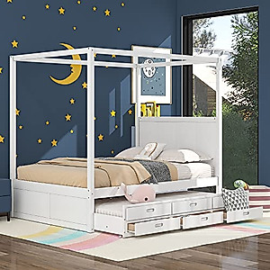 Harper & Bright Designs Queen Canopy Bed with Trundle and Three Storage Drawers, Solid Wood 4-Post Canopy Platform Bed Frame with Headboard and Slat Support, No Box Spring Needed (Queen Size, White)