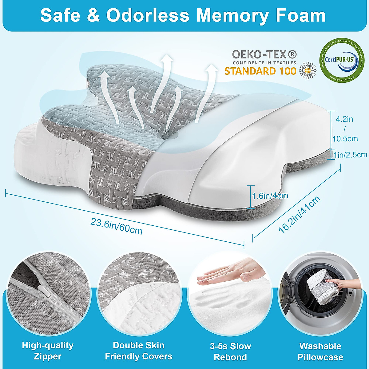 Elviros Cervical Memory Foam Neck Pillow for Pain Relief, Adjustable Orthopedic Support Pillows for Sleeping, Ergonomic Bed Pillow for Side, Back, Stomach Sleepers, Queen Size, Grey