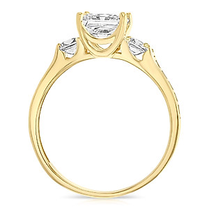 Ioka - 14K Solid Yellow Gold 1.5 Ct. Princess Cut 3 Stone CZ Engagement Ring With Stones in Band - Size 9