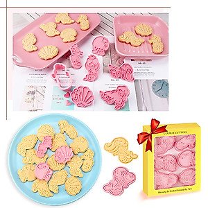 Novel Mermaid Cookie Cutters and Stamper, 6-Style 3D Mermaid Cookie Cutters Set for Kids Birthday Party and Festival (Pack of 12)
