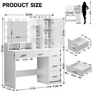 DINGIPP Makeup Vanity Desk with Mirror & Lights, Large Vanity Table with 5 Drawers, 1 Cabinet and 4 Hooks, Vanity Desk with Power Outlet & Adjustable Shelves, Dressing Table for Women, Girls (White)