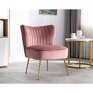 Janoray Velvet Accent Chair Set of 2 Comfy Mid-Century Modern Living Room Chair Armless Slipper Chair Single Sofa Chair with Golden Legs Wingback for Bedroom Guest Room, Pink