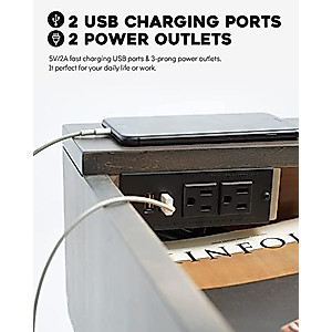 OUllUO Wood Lift Top Coffee Table with Charging Station, Vintage Coffee Table with Storage, Rustic Central Table for Living Room, Home Office, Gray Rising Coffee Table