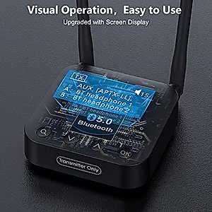 1Mii B06TX+ Long Range Bluetooth 5.0 Transmitter for TV/PC/Projector to 2 Wireless Headphones/Speakers, Bluetooth Adapter for TV w/Screen Display Plug n Play, aptX Low Latency & HD Audio