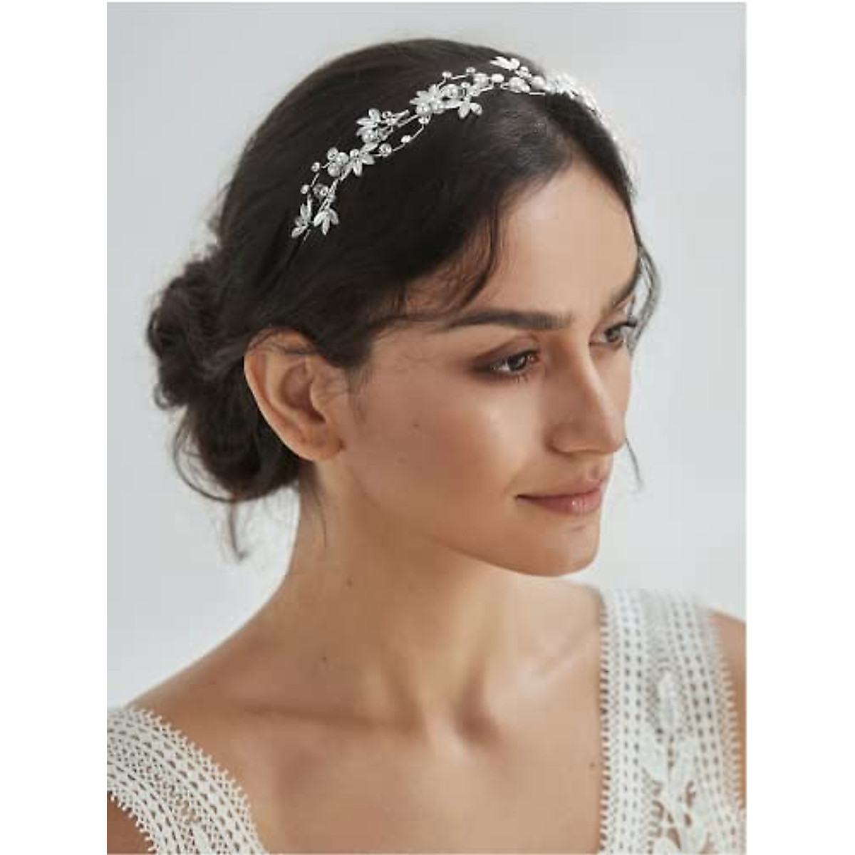 SWEETV Bridal Pearl Headband Silver-Leaf Crystal Bridal Headpiece Wedding Hair Accessories Jewelry Tiara for Women, Diameter: 14.5 cm