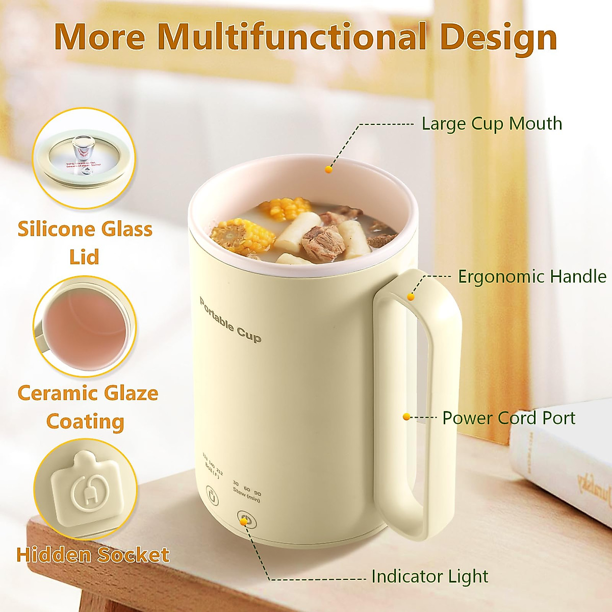 Portable Electric Kettle Travel Small Stew Pot Mini Cooker Personal Health Cup,Water Boiler with Temperature Control,Timer, Auto Shut Off & Boil Dry Protection, BPA Free (400ml)