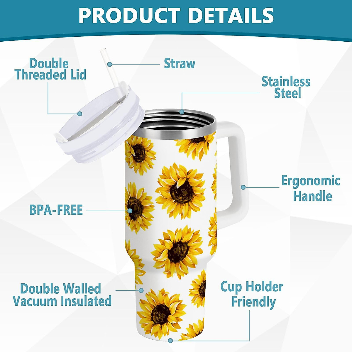 MCHIVER Yellow Sunflowers 30 oz Tumbler with Handle and Straw Stainless Steel Vacuum Water Bottle Leak-proof Travel Coffee Mug Insulated Tumbler with Lid