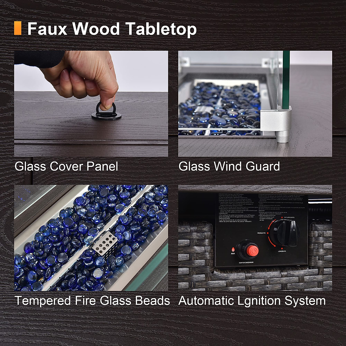 Fire Pit Table 42 Inch Outdoor Propane Gas Fire Pit for Outside 50,000 BTU Auto-Ignition Gas Firepit Outdoor Rattan Table with Glass Wind Guard and Cover