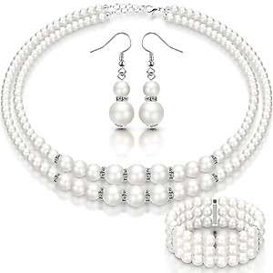 Junkin Faux Pearls Necklace Earrings Set Wedding Pearl Bracelet 1920s Simulated Pearls Accessories Vintage Valentine's Day Costume Jewelry for Brides Women(Cute Style)