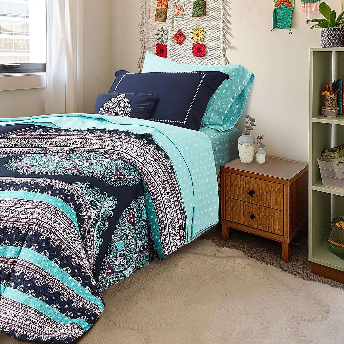 Degrees of Comfort Blue Twin XL Complete Comforter Sets, Boho Mandala Bed in A Bag,Microfiber Bedding Set with Side Pockets, Matching Decorative Pillow, 6 Piece Navy
