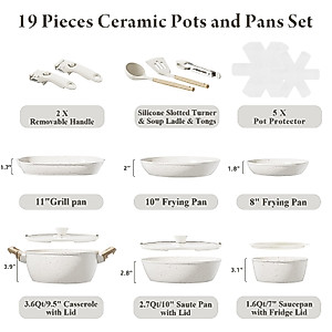 Bazova 19 Pcs Pots and Pans Set Non Stick Ceramic Cookware Set with Removable Handles, Non Toxic Induction Kitchen Cookware Sets RV Cookware,Dishwasher/Oven Safe PFAS/PTFE/PFOA Free Cream White