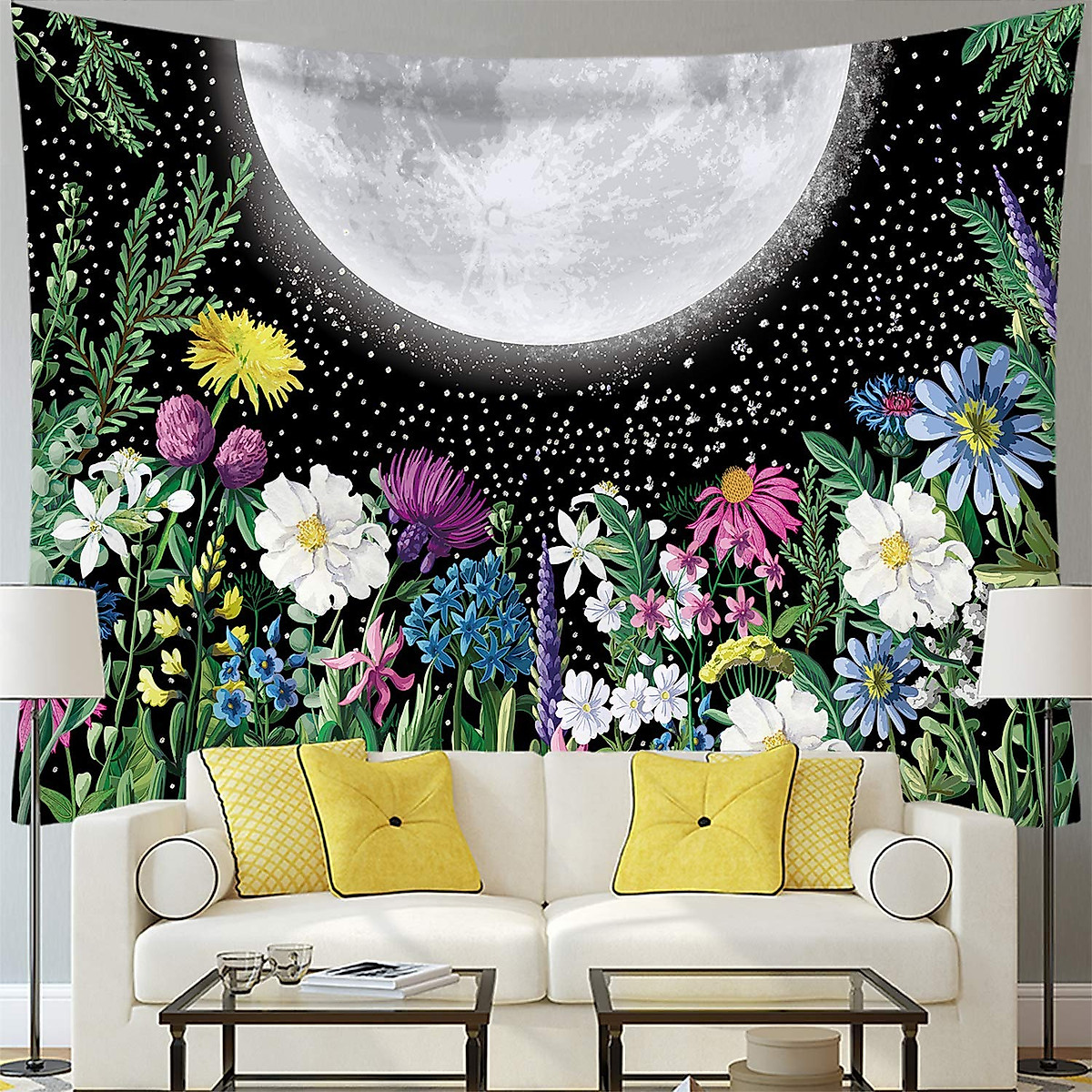 mchatte Moonlit Garden Tapestry Moon Tapestry for Bedroom Full Moon Surrounded By Plants and Flowers Black Room Decor Aesthetic Floral Moon Wall Tapestry for Teenager's Home Decor (82.7x59 Inches)