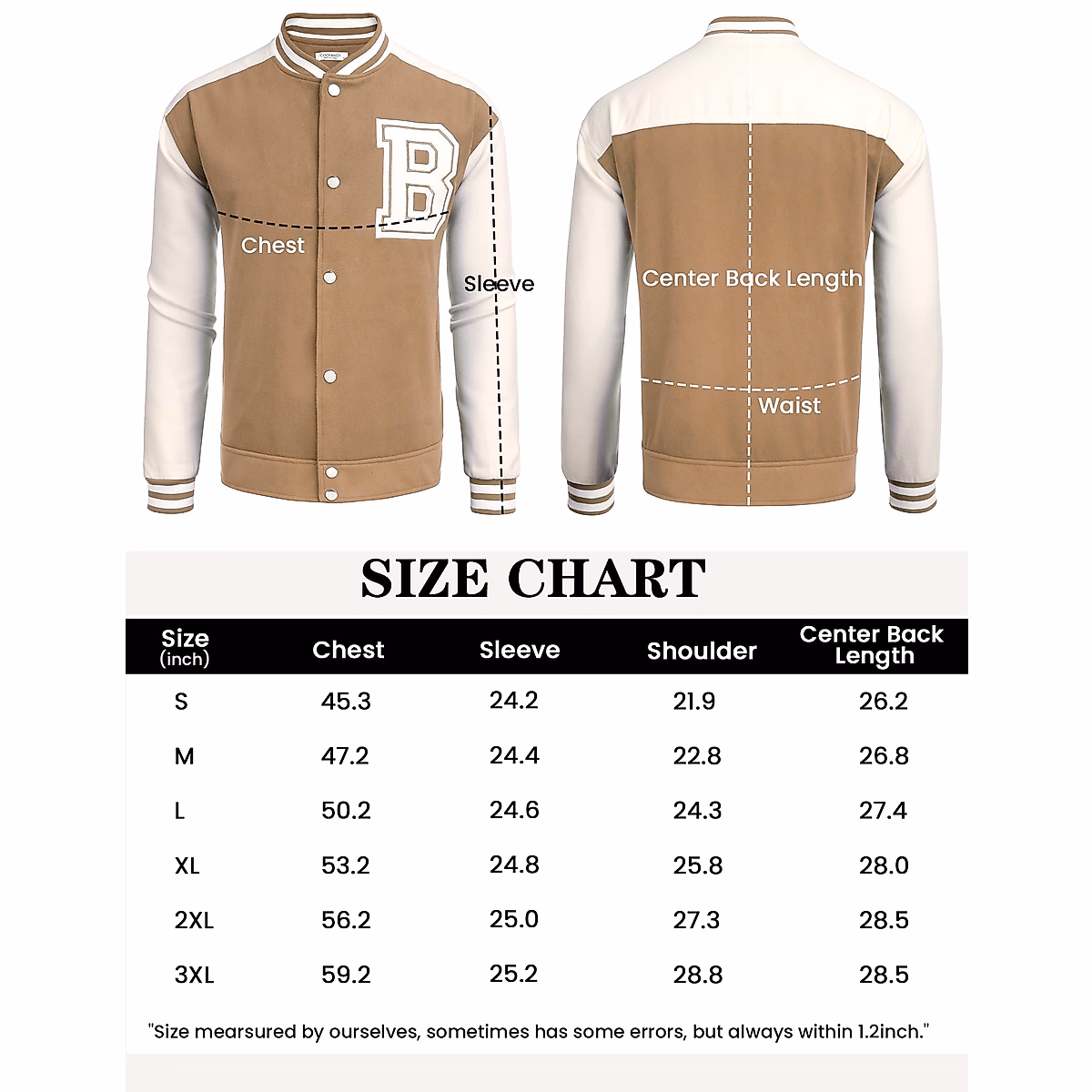 COOFANDY Baseball Jacket for Mens Letterman Varsity Jackets Button Up Khaki Sweatshirt with Letter B