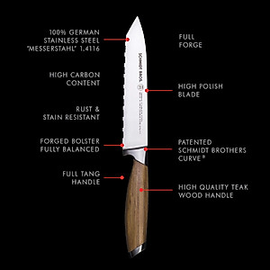 Schmidt Brothers - Bonded Teak, 6" Double Edge Utility Knife, High-Carbon German Stainless Steel Multipurpose Kitchen Cutlery