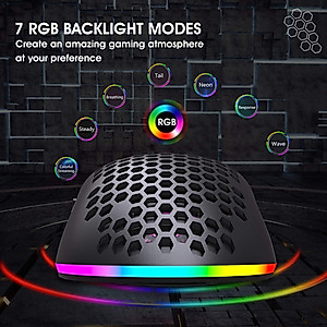 RGB Wireless Gaming Mouse,Ultra-Lightweight Honeycomb Shell Mice with 2.4G Wireless Rechargeable,RGB Spectrum Backlit,7 Buttons,3200DPI,Ergonomic Long Battery Life for PC,Xbox,PS4 Gamers(Black)