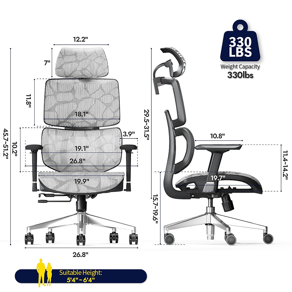 TONFARY Office Chair Ergonomic Desk Chair, All-Mesh High Back Home Office Chair Lumbar Support, Reclining Gaming Chair Adjustable Armrests Headrest, Big and Tall Swivel Computer Chair 330LBS (Grey)