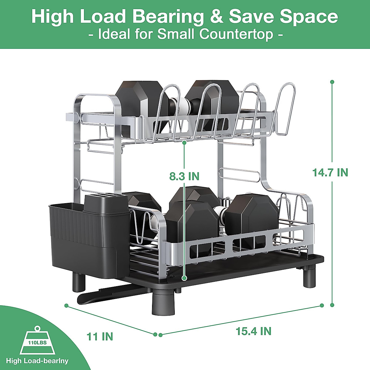 romision Stainless Steel Dish Drying Rack, Dish Racks for Kitchen Counter, Two Tier Dish Drainers with Cutlery Holder and Cup Rack, Large Dish Dryer Rack for Saving Space, Grey