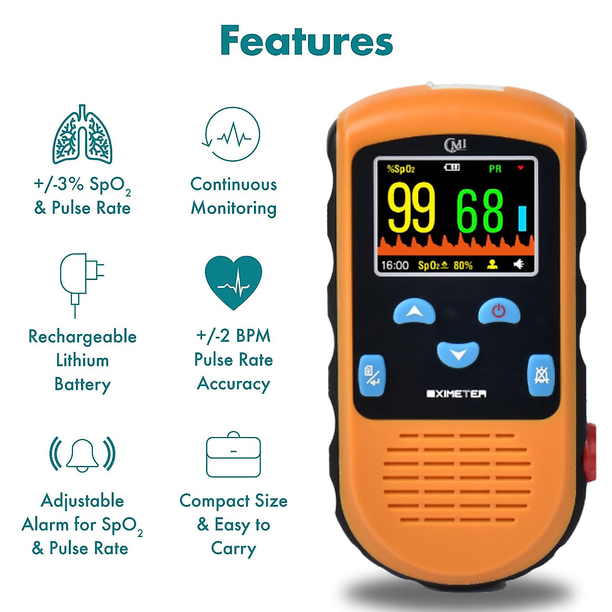 CMI Health Rechargeable Pulse Oximeter - Adult Finger Sensor for Continuous Monitoring & Spot-Checking - Adjustable Alarm for Pulse Rate and SpO2 Levels - Carry Case, AC Adapter Included