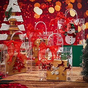 Henoyso 24 Pcs Christmas Clear Gift Bags with Handles Plastic Xmas Candy Treat Bags with Ribbon 7.8 x 7.8 x 3.1 PVC Gift Wrap Totes for Retail Wedding Birthday Party Favors(Red)