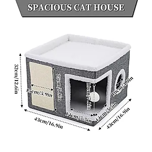Cat Beds for Indoor Cats, Large Cat Cave with Cozy Condo, Fluffy Hanging Ball, Round Window, Foldable Indoor Cat House Hold Up to 30LBS, Cat Hideaway with Double-Sided Soft Cushions for All Seasons