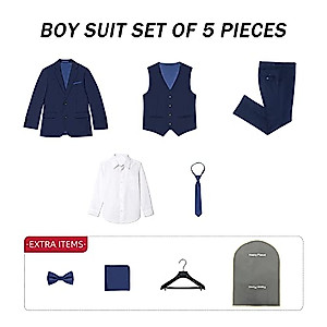 Happy Planet Boys' Suit Slim Fit 5 Piece, Adjustable Waist, Boys Formal, Dark Blue, 8