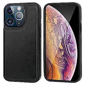 ONETOP Compatible with iPhone 13 Pro Max Wallet Case with Card Holder,PU Leather Kickstand Card Slots Case, Double Magnetic Clasp and Durable Shockproof Cover 6.7 Inch(Black)