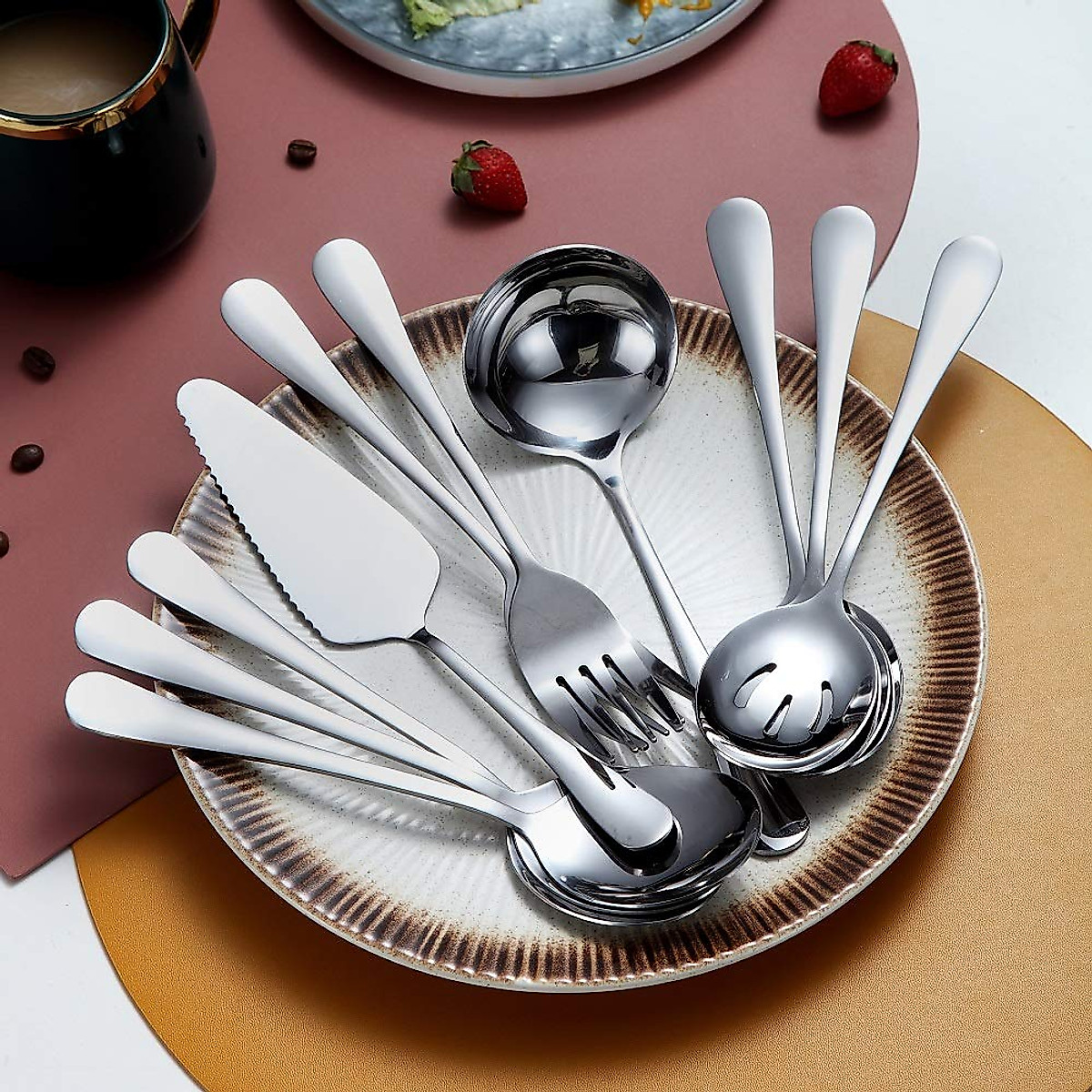 10-Piece Serving Flatware Silverware Set,Stainless Steel Serving Utensil Set,Include Slotted Serving Spoon, Serving Spoon, Cake Server, Serving Fork, Soup Ladle (Silver)