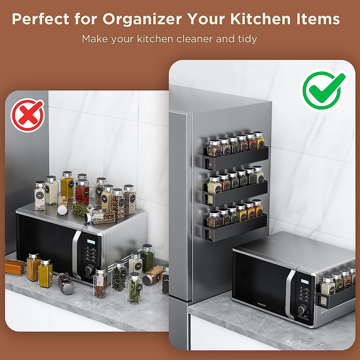 Agotglmi 4 Pack Magnetic Spice Rack with 24 Spice Jars, Spice Labels, Chalk Marker and Funnel Set, Magnetic Spice Organizer Shelf for Refrigerator, Microwave, Seasoning Organizer for Kitchen