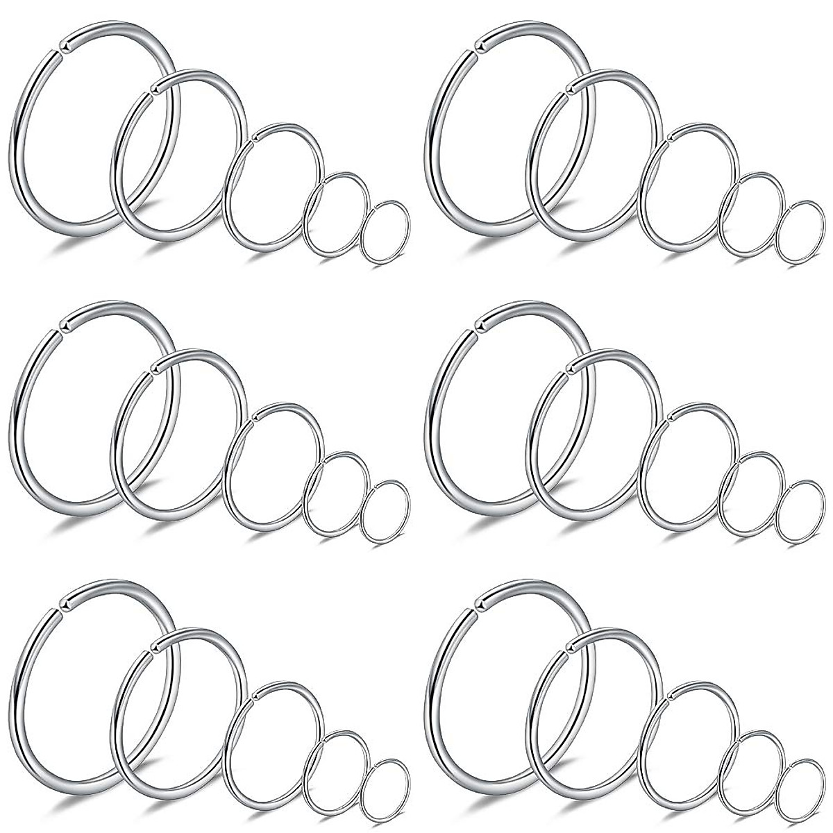 SCERRING 20G Stainless Steel Fake Nose Septum Hoop Rings Lip Helix Cartilage Tragus Ear Eyebrow Ring Piercing Jewelry 6mm 8mm 10mm 12mm 14mm 30PCS Silver