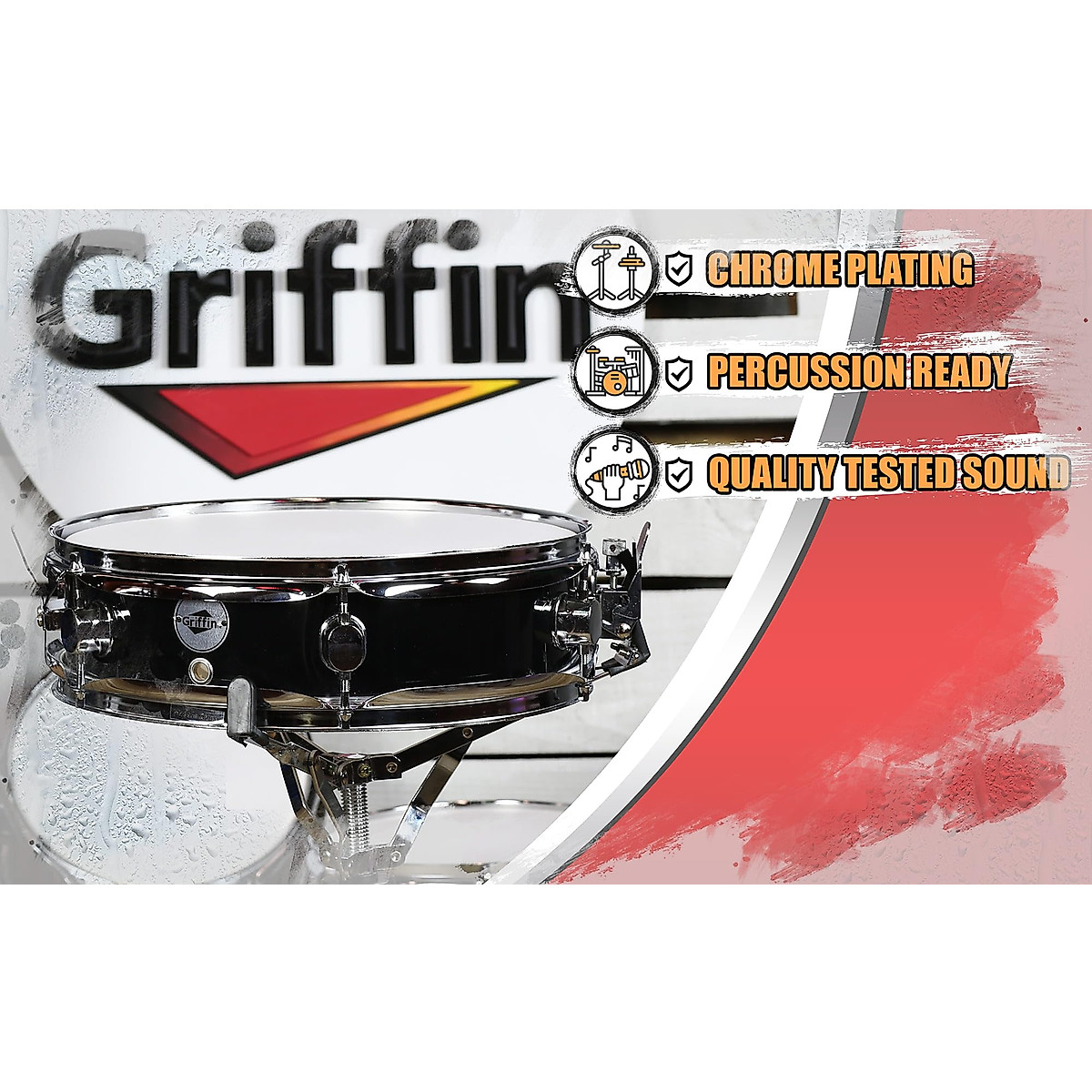 Piccolo Snare Drum 13" x 3.5" by GRIFFIN | 100% Poplar Wood Shell with Black PVC & White Coated Drum Head | Drummers Acoustic Marching Kit Percussion Instrument with Snare Strainer Throw Off Set
