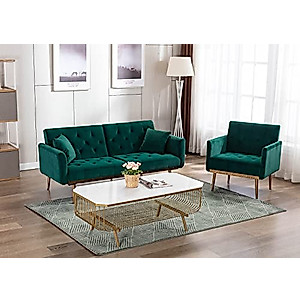 SLEERWAY Velvet Futon Sofa Bed with 5 Golden Metal Legs, Sleeper Sofa Couch with Two Pillows, Convertible Loveseat for Living Room and Bedroom, Green