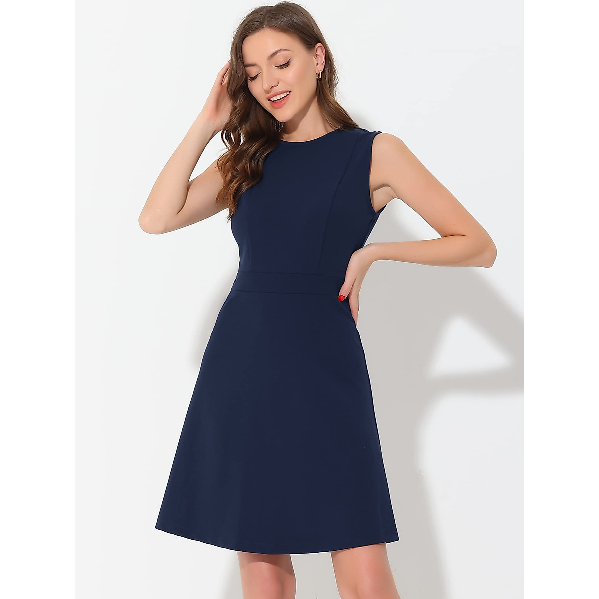 Allegra K Women's Work Dress Round Neck Solid Color Sleeveless A-Line Casual Office Dresses Medium Dark Blue