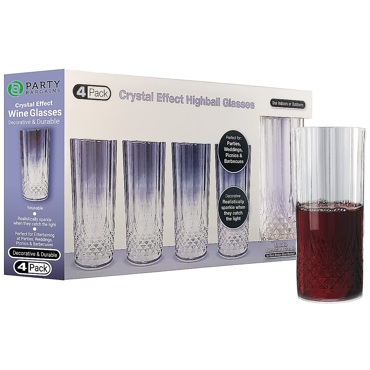 PARTY BARGAINS 8 Crystal-Like Highball Glasses (14oz) - Disposable Shatterproof Elegant Design Glass Sets for Drinking, For Pool Parties, Outdoors Receptions, Weddings