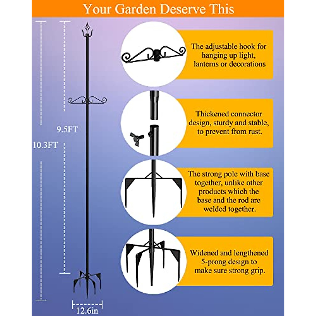 IRMNAN String Light Poles, Light Poles for Outside String Lights, 9FT String Light Poles for Outside 2 Pack, Easy to Assemble,10FT String Light Pole with Adjustable Shepherds Hook High-end Series