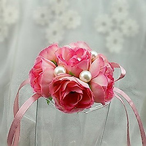 FAYBOX Girl Bridesmaid Wedding Wrist Corsage Party Prom Hand Flower Decor Pack of 2 Pink