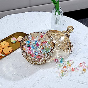Joeyan Amber Glass Candy Dish with Lid,Large Glass Covered Candy Jar,Decorative Candy Bowl,Embossed Glass Canister for Cookies Nuts Chocolates,Home Wedding and Buffet Decoration Jars,34 oz