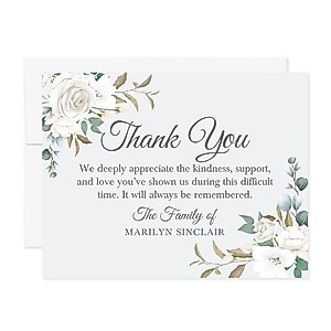 Hello Love Goods White Floral Sympathy Thank You Cards, Funeral Thank You Cards, Personalized Bereavement Notes with Envelopes, 5.5x4.25 Flat Notecards