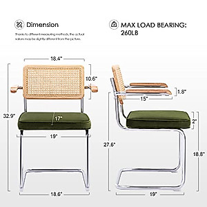Zesthouse Rattan Dining Chairs with Arms, Mid-Century Modern Dining Chairs Set of 2, Accent Chairs with Metal Chrome Legs and Armrest, Velvet Upholstered Cane Armchairs for Living Room, Kitchen,Green