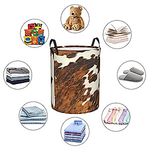 NOTZERO Red and white cowhide Large Laundry Basket, Laundry Hamper with Handle Collapsible Dirty Clothes Hamper Round Storage Basket for Bedroom Clothes Storage, Black