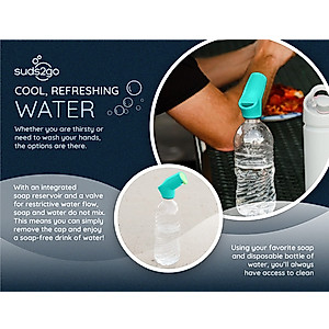Suds2Go Refillable Caps, 2 Pack - Universal Fit Turns Most Disposable Water Bottles Into A Hand Washing Station - Includes Refillable Soap Reservoir - Conveniently Sized to Take on The Go - Teal
