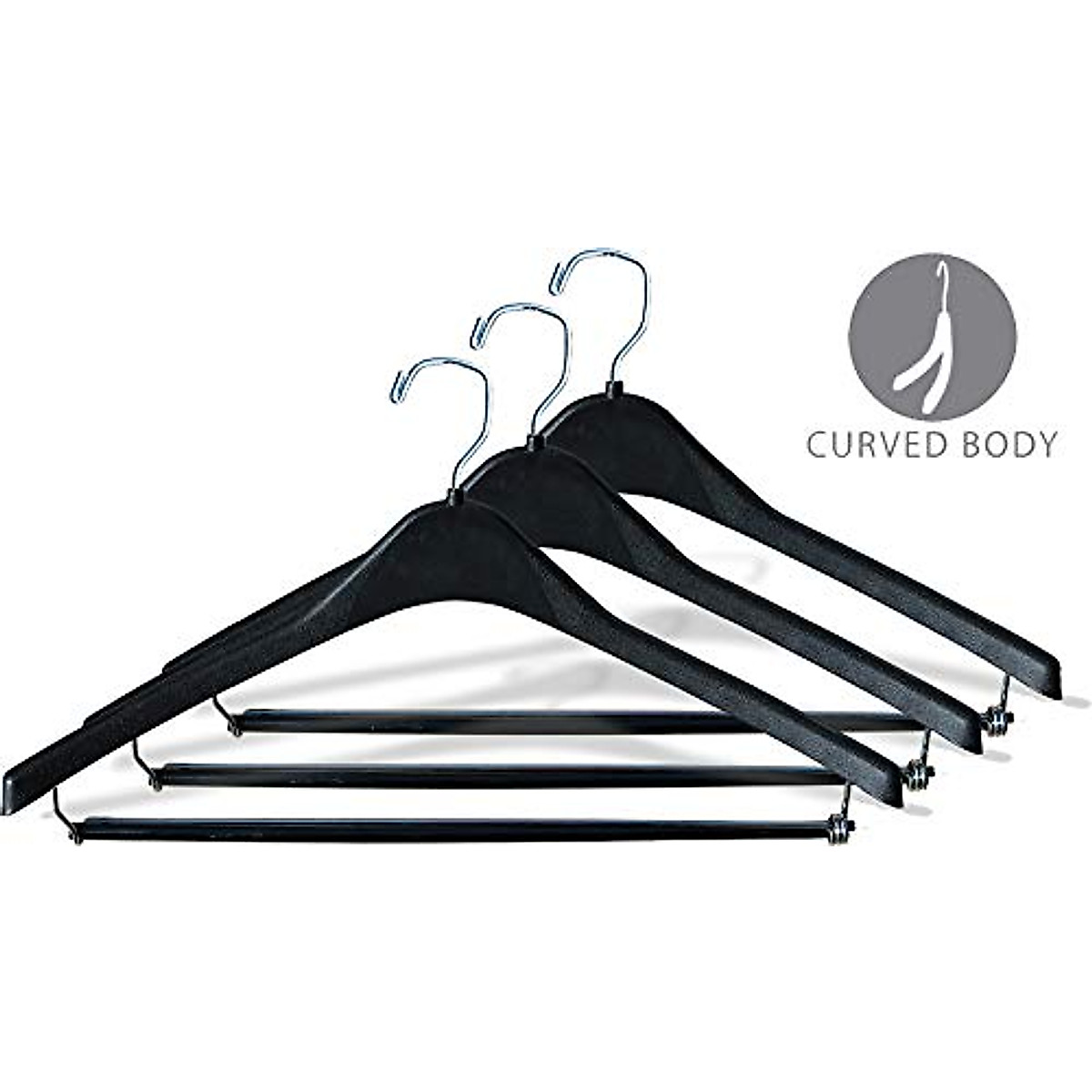 Heavy-Duty Black Plastic Suit Hanger with Locking Wooden Pant Bar, (Box of 100) 1/2 Inch Thick Curved Hangers for Uniforms and Coats by The Great American Hanger Company