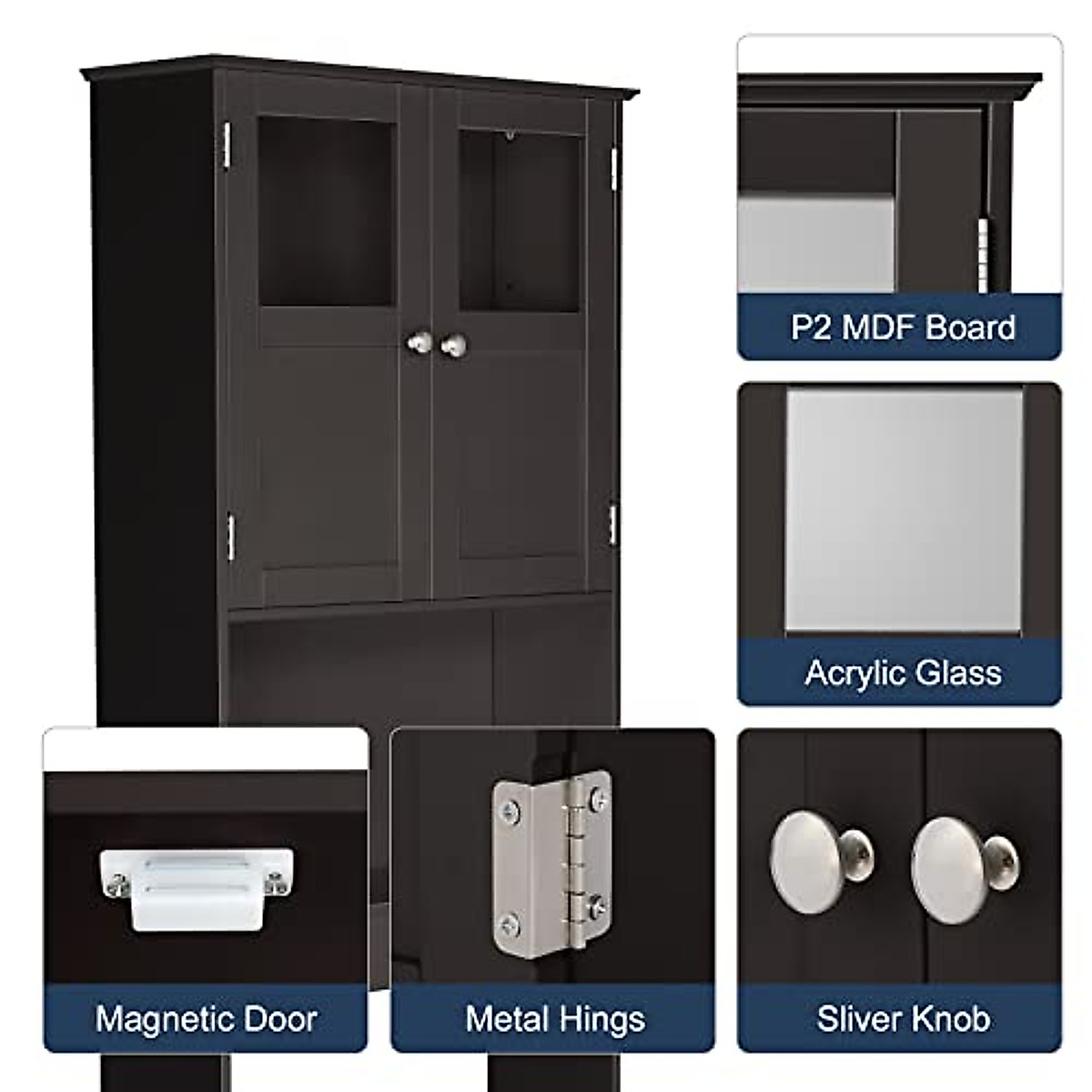 VINGLI Bathroom Over The Toilet Organizer Behind The Toilet Storage Organizer with Double Acrylic Glass Doors Adjustable Shelf Free Standing Wooden Space Saver Collect Home Furniture Decor